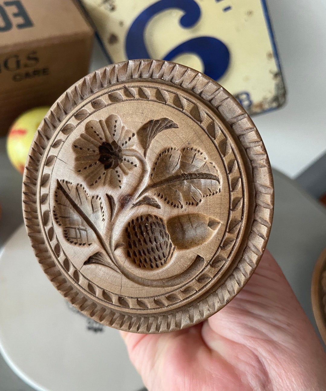 Antique Treen Dairy Butter Stamp Autumn Acorn and Flower Shape Butter ...