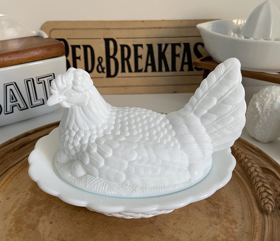 Vintage White Milk Glass Hen Egg Pot - Hen Sat on a Basket - Etsy