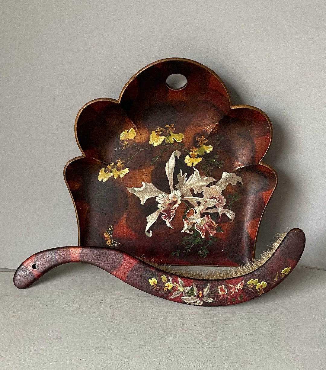 Beautiful Vintage Papier Mache Crumb Tray and Wooden Brush Set - Silent ...