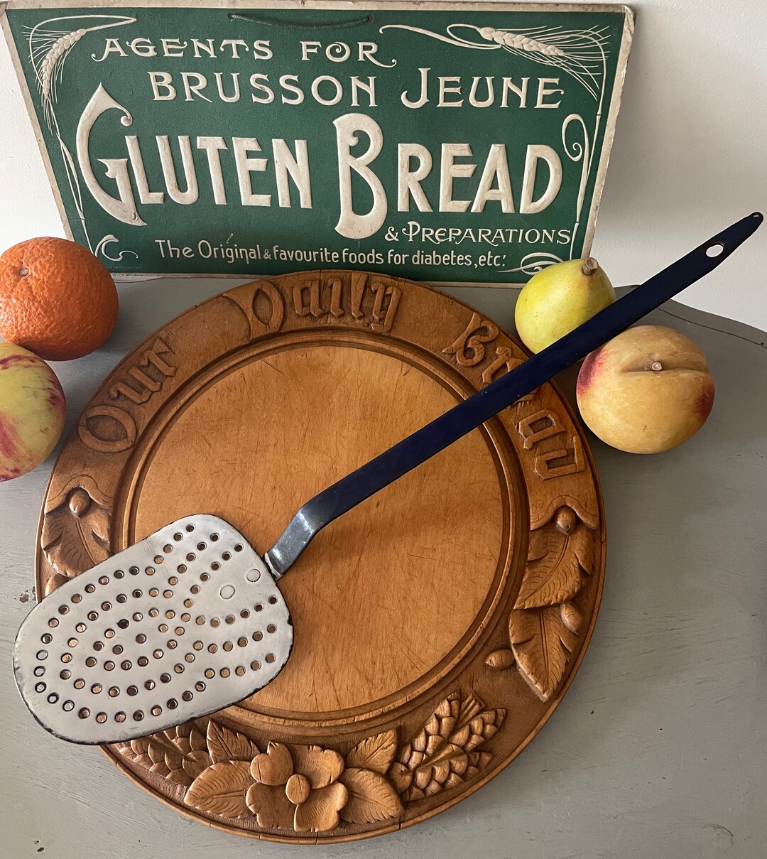 Antique White and Blue Enamel Spatula - Vintage Enamel Hanging Drainer ...