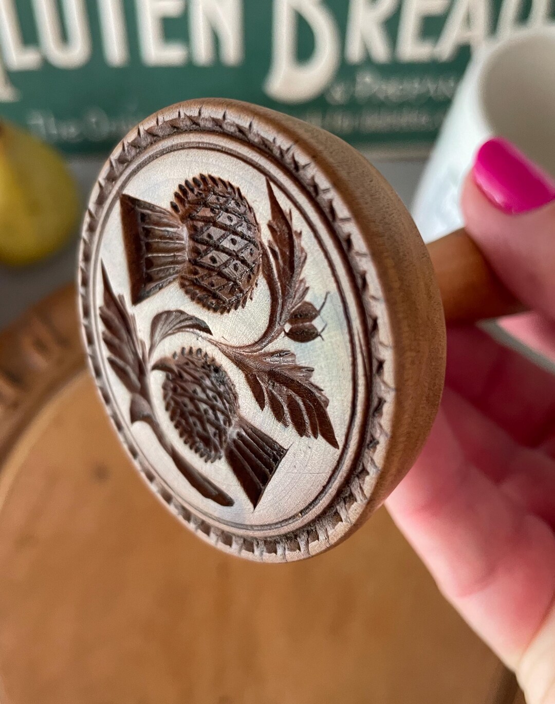 Antique Treen Dairy Butter Stamp 2 Thistles With Leaves Carved Butter ...