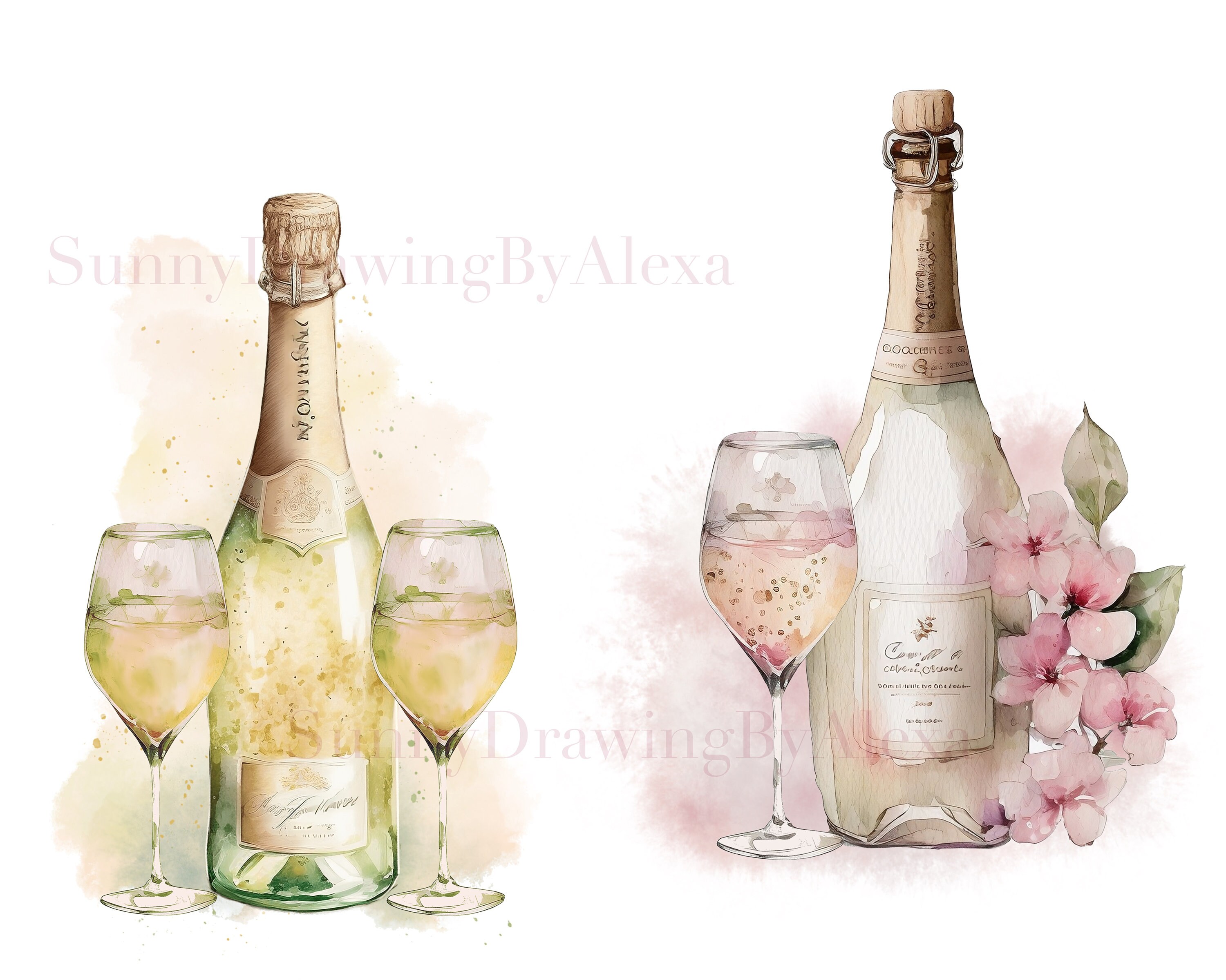 Watercolor Champagne Clipart, Watercolor Glasses, Floral Wine Clipart ...