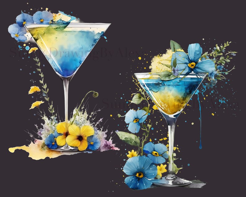 Watercolor Party Clipart, Watercolor Champagne Glass With Blue Flowers ...