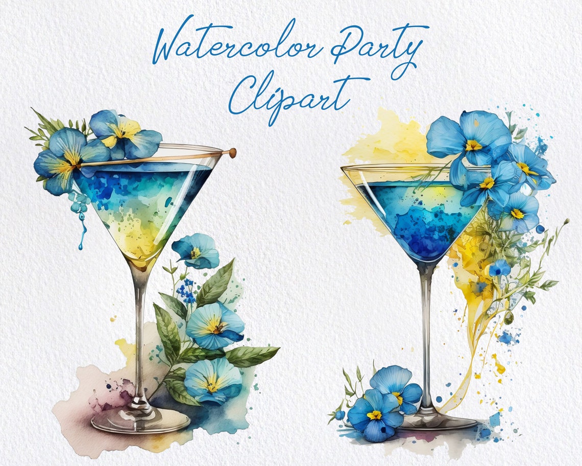 Blue Watercolor Cocktail Glasses, Watercolor Champagne Glass With Blue ...