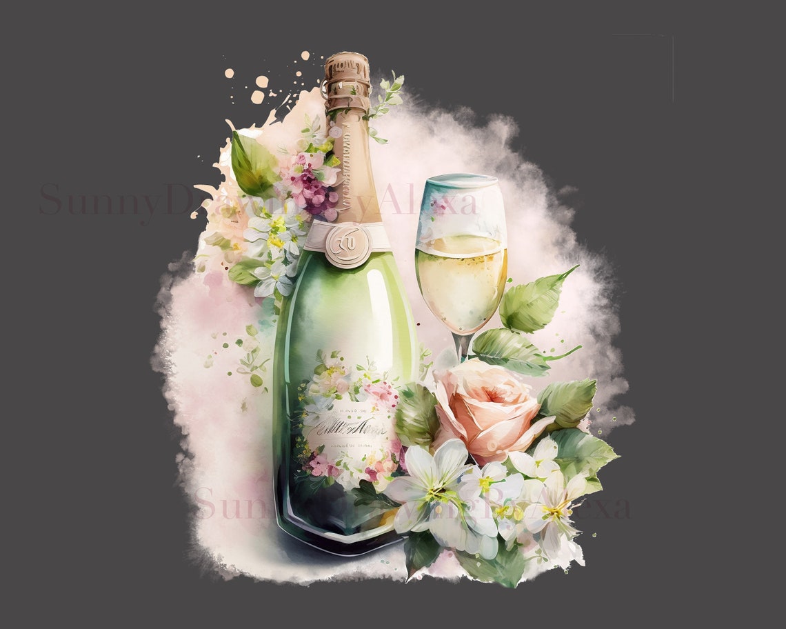 Watercolor Champagne Bottle With Flowers, Celebration Clipart ...