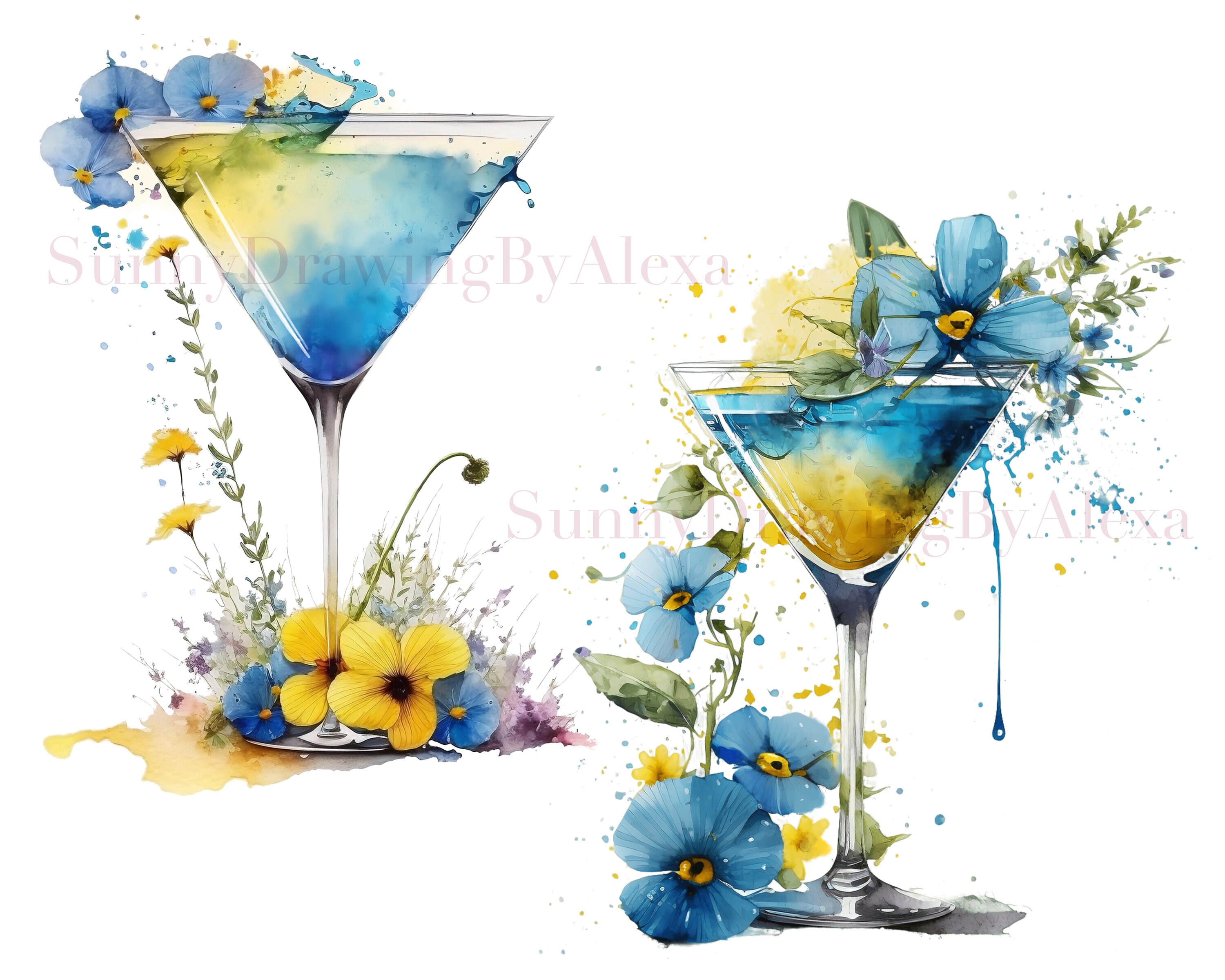 Watercolor Party Clipart, Watercolor Champagne Glass With Blue Flowers ...