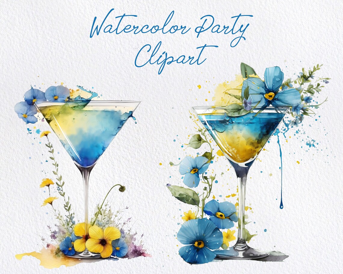 Watercolor Party Clipart, Watercolor Champagne Glass With Blue Flowers ...