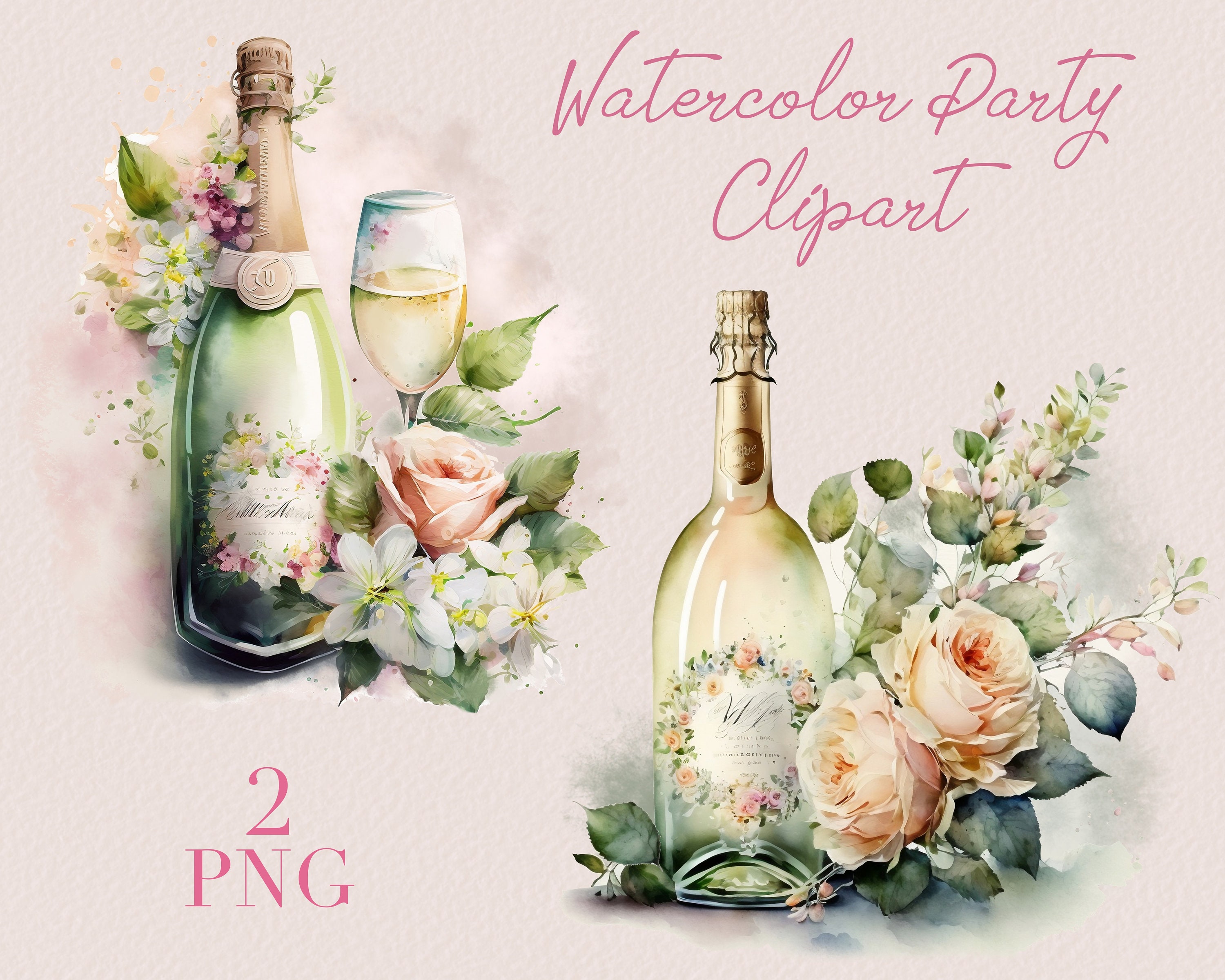 Watercolor Champagne Bottle With Flowers, Celebration Clipart ...