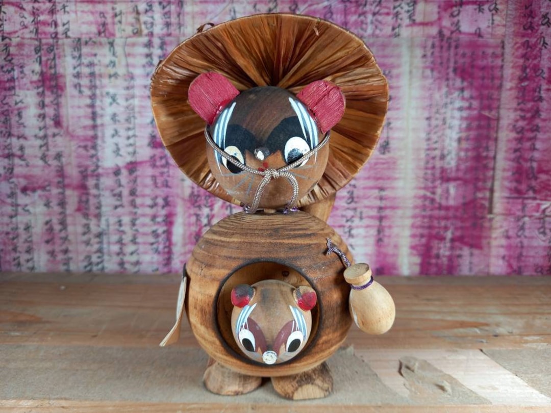 Miniature Tanuki Doll, Wooden Tanuki Kokeshi, Hand Made Folk Art From ...