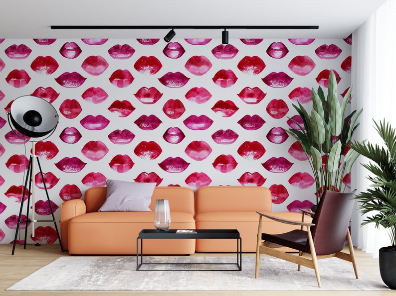 Red Lipstick Imprints Wallpaper - Red Lips Imprints Peel and Stick ...