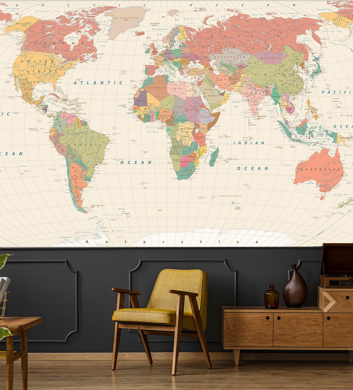World Map Wallpaper Peel and Stick Self Adhesive Dark Political World ...