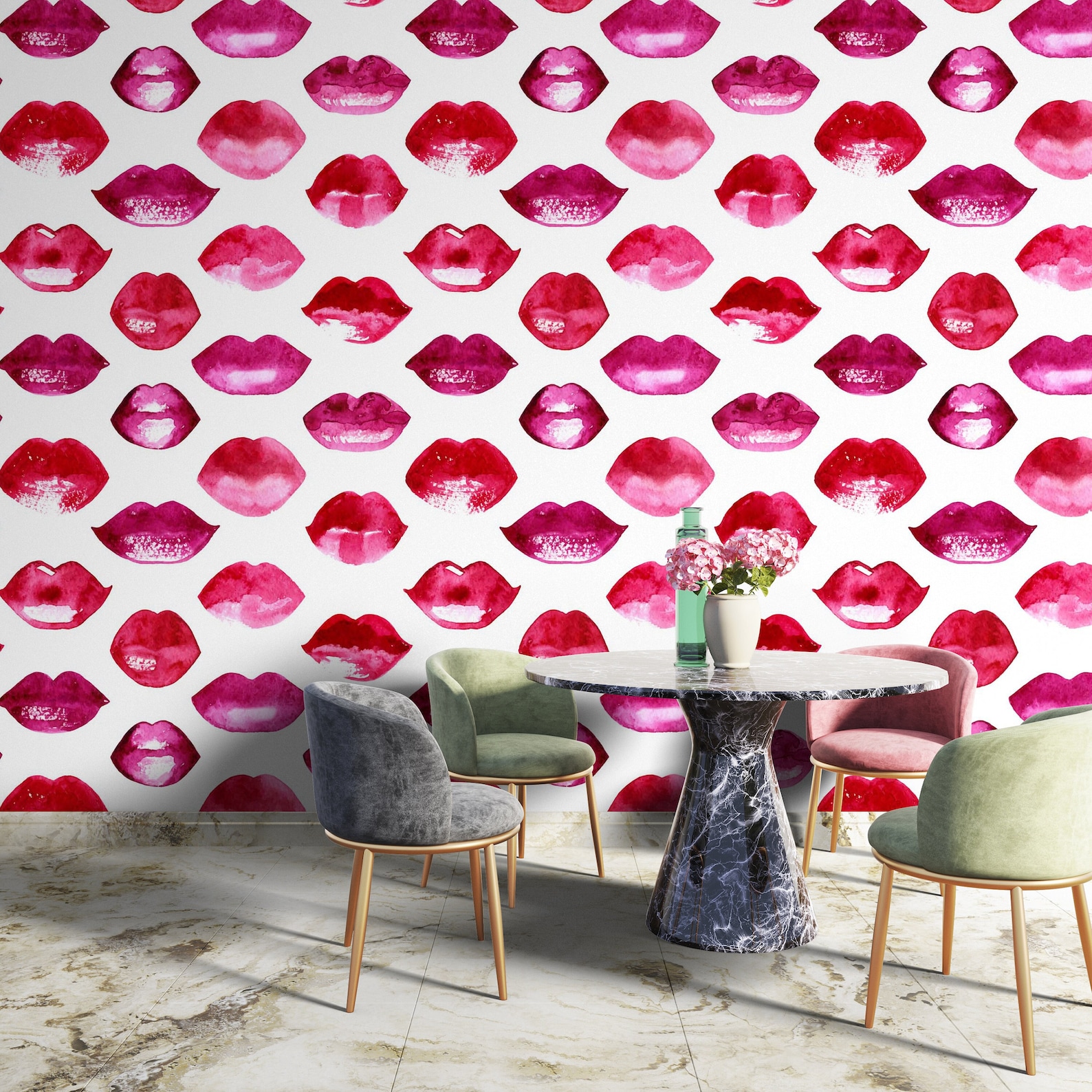 Red Lipstick Imprints Wallpaper - Red Lips Imprints Peel and Stick ...