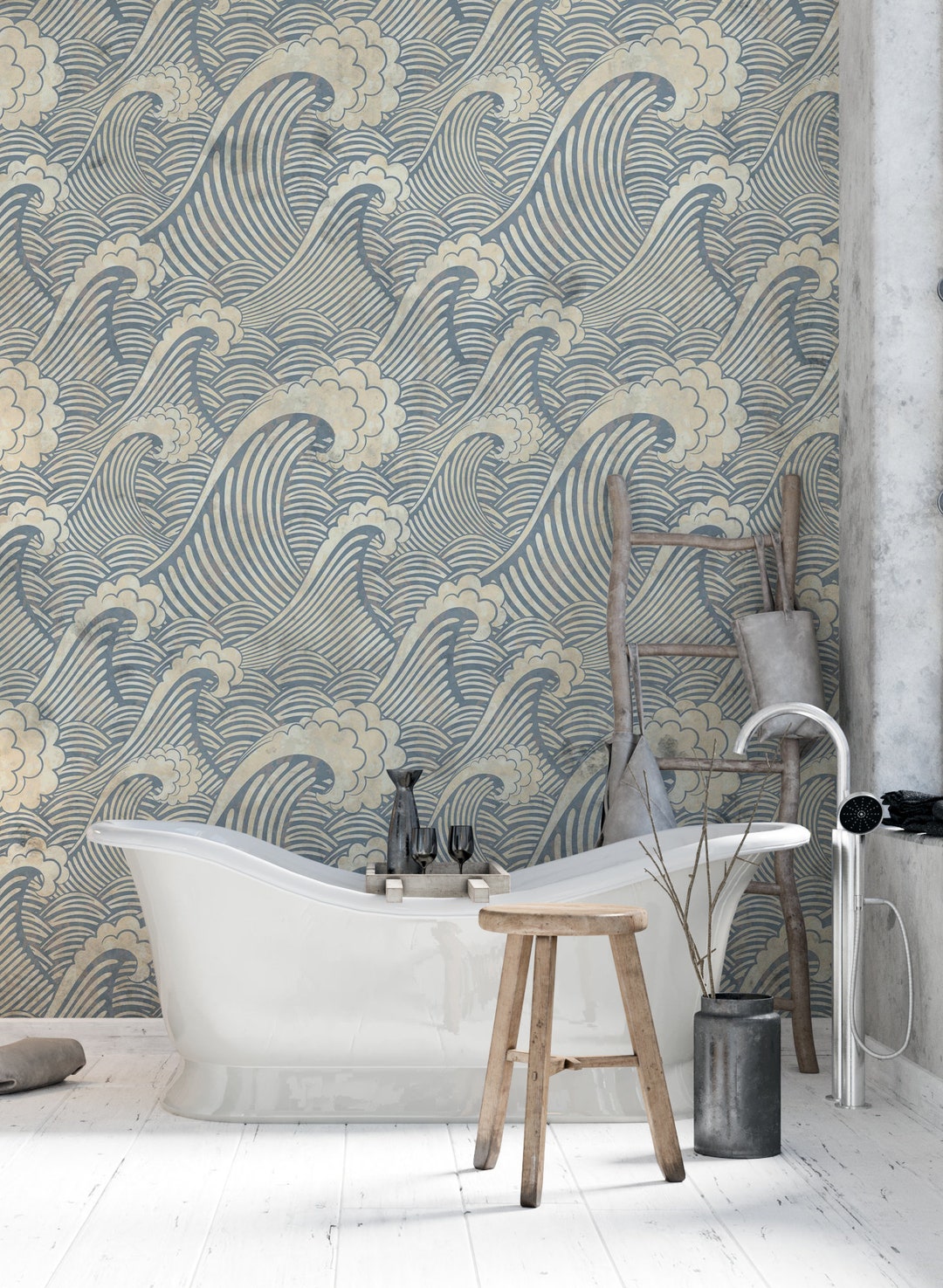 Vintage Waves Wallpaper in Blue and White, Retro Wave Ocean Wall Decor ...