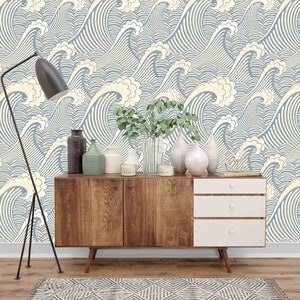 Vintage Waves Wallpaper in Blue and White, Retro Wave Ocean Wall Decor ...