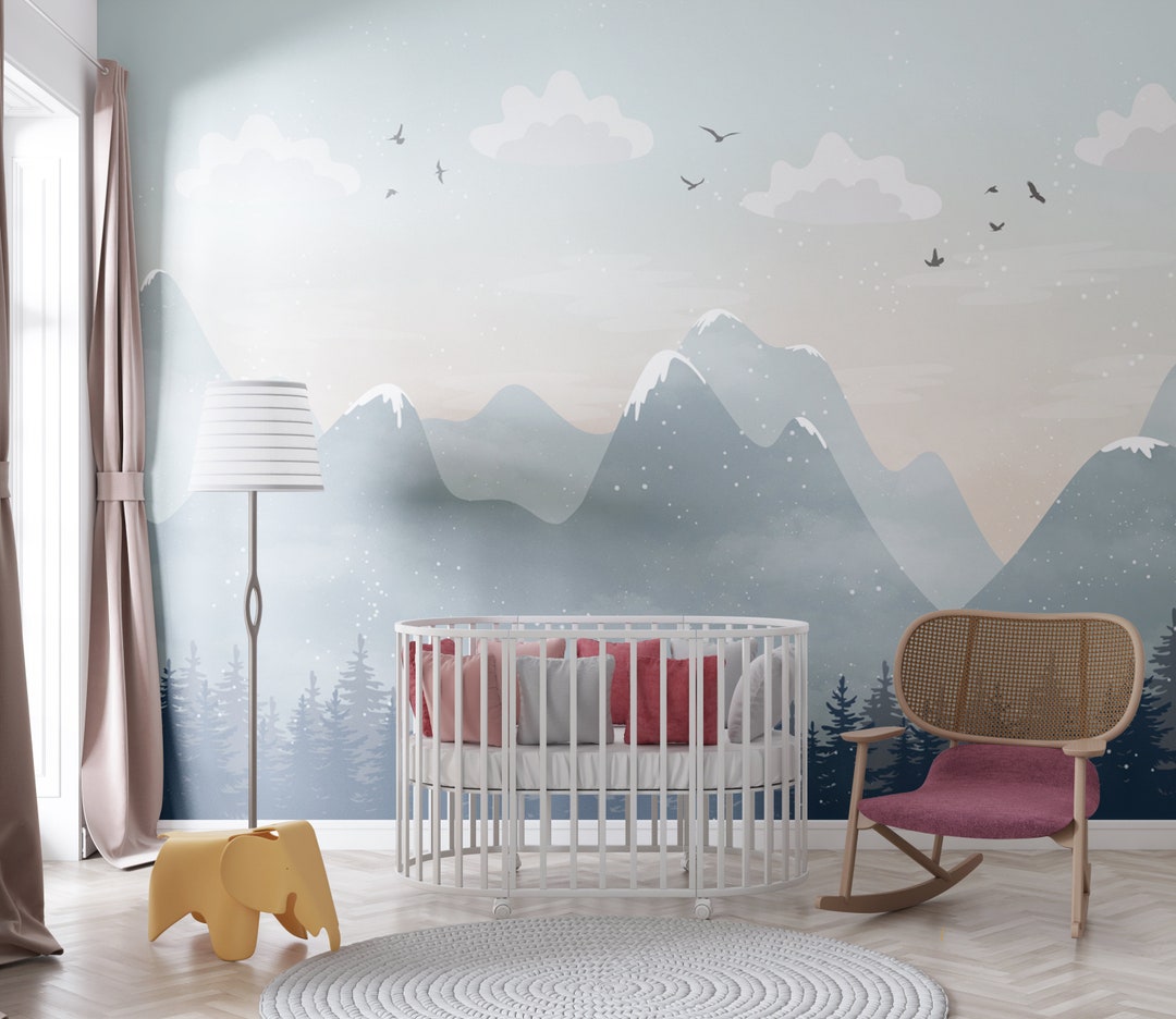 Boho Blue Earthy Tan Mountain and Nursery Wallpaper / Easily Reusable ...