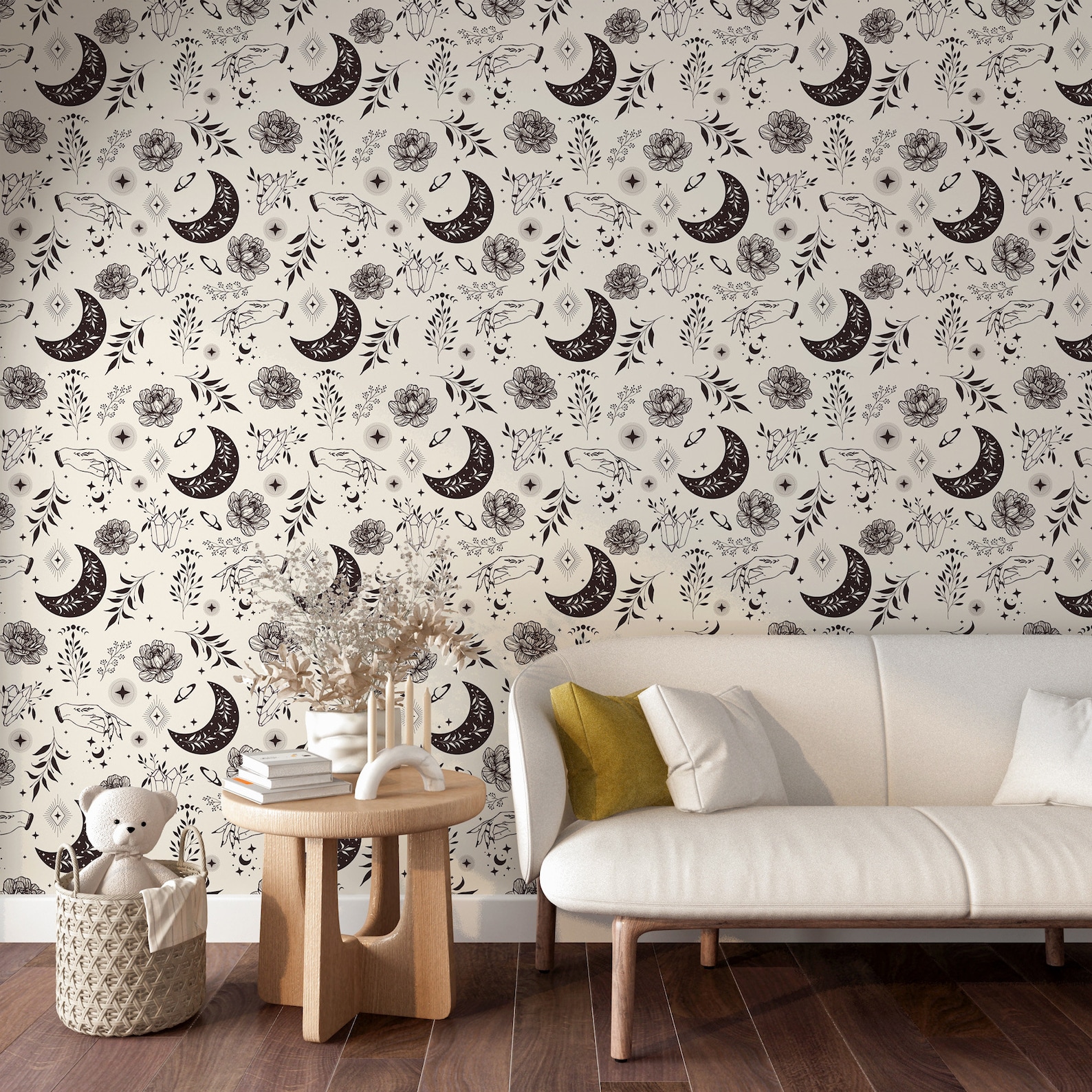 Light Boho Wallpaper Moons Leaves, Peel and Stick Wallpaper, Removable ...