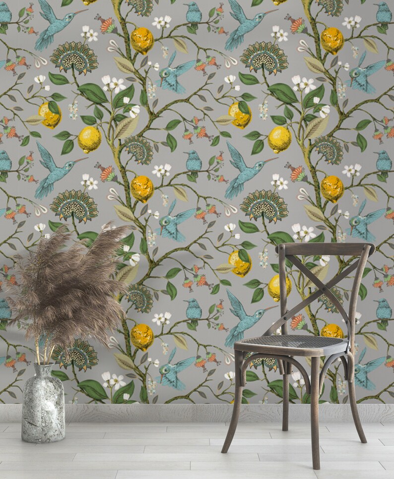 Hummingbirds and Lemons Wallpaper, Peel and Stick Wallpaper Floral ...