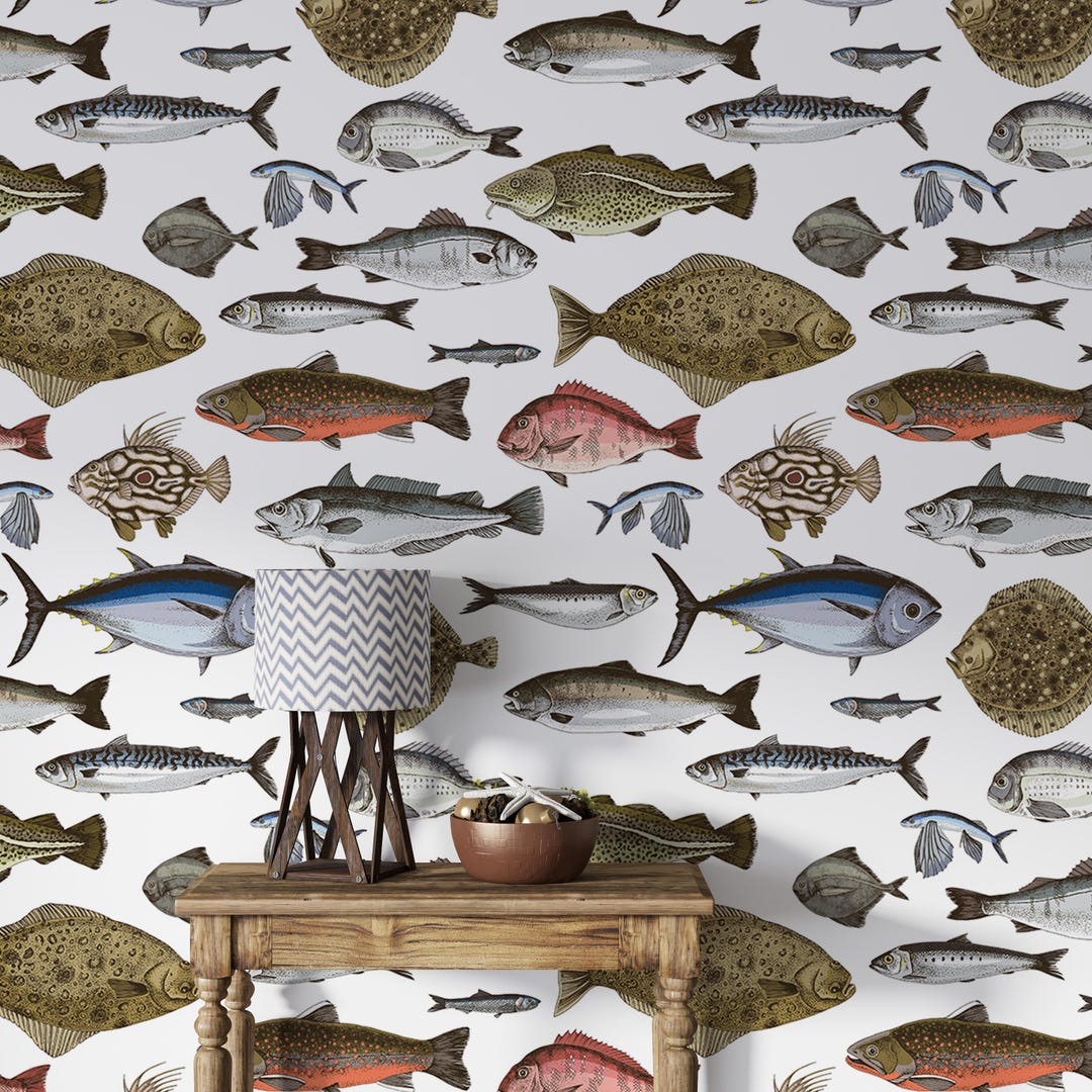 Fish Wallpaper Peel and Stick, Vintage Fish Wall Mural, Ocean Fish ...