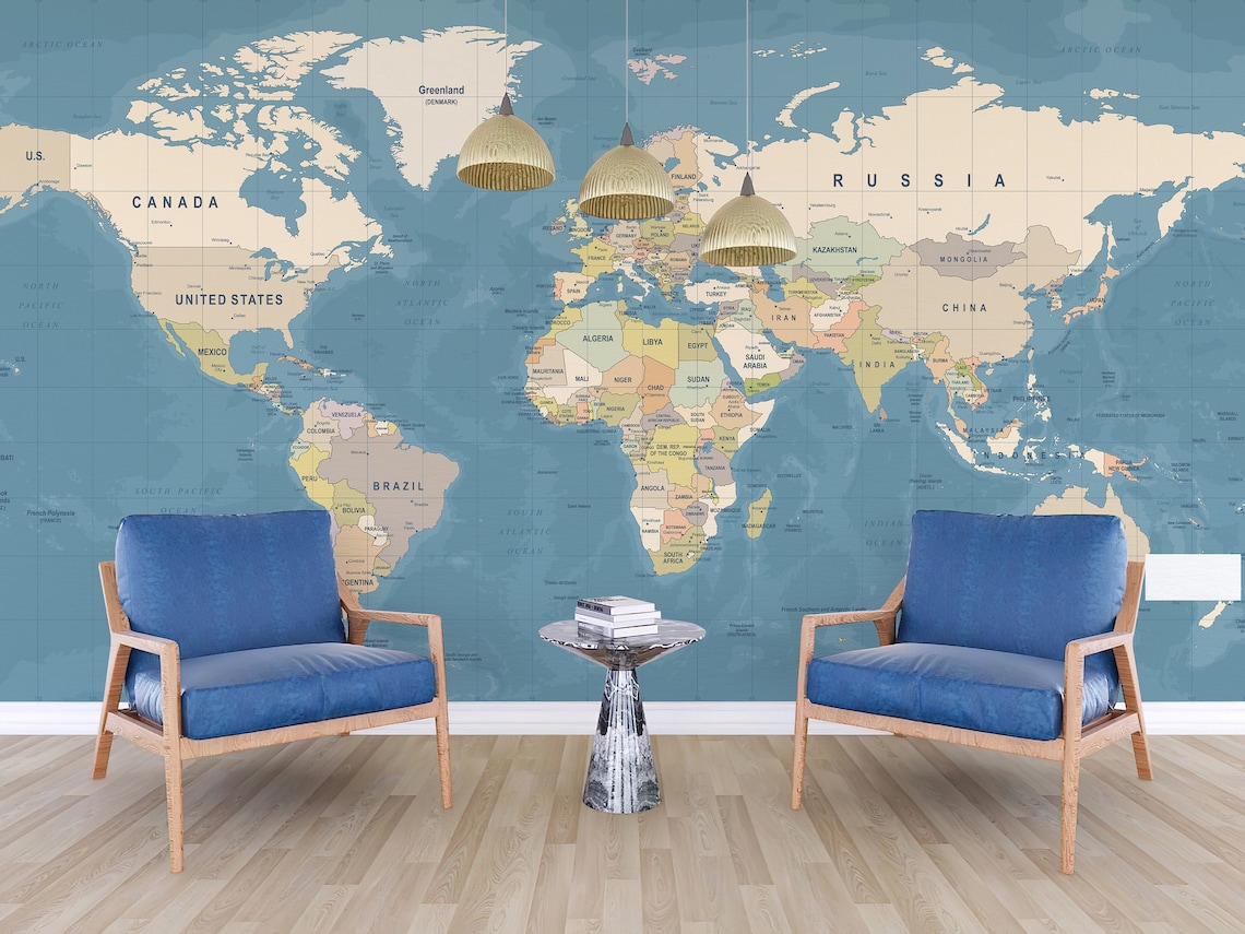 Giant World Map Wall Mural Removable Wallpaper Map of the - Etsy