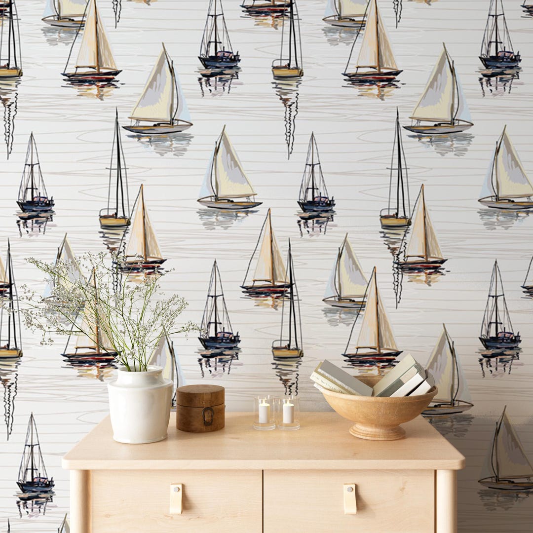 Ship Sailboat Nautical Peel and Stick Removable Wallpaper, Ocean Theme ...