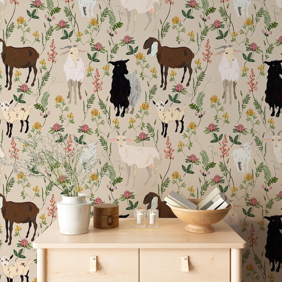 Farmhouse Wallpaper - Watercolor Goat Floral Farm Animals Wallpaper ...