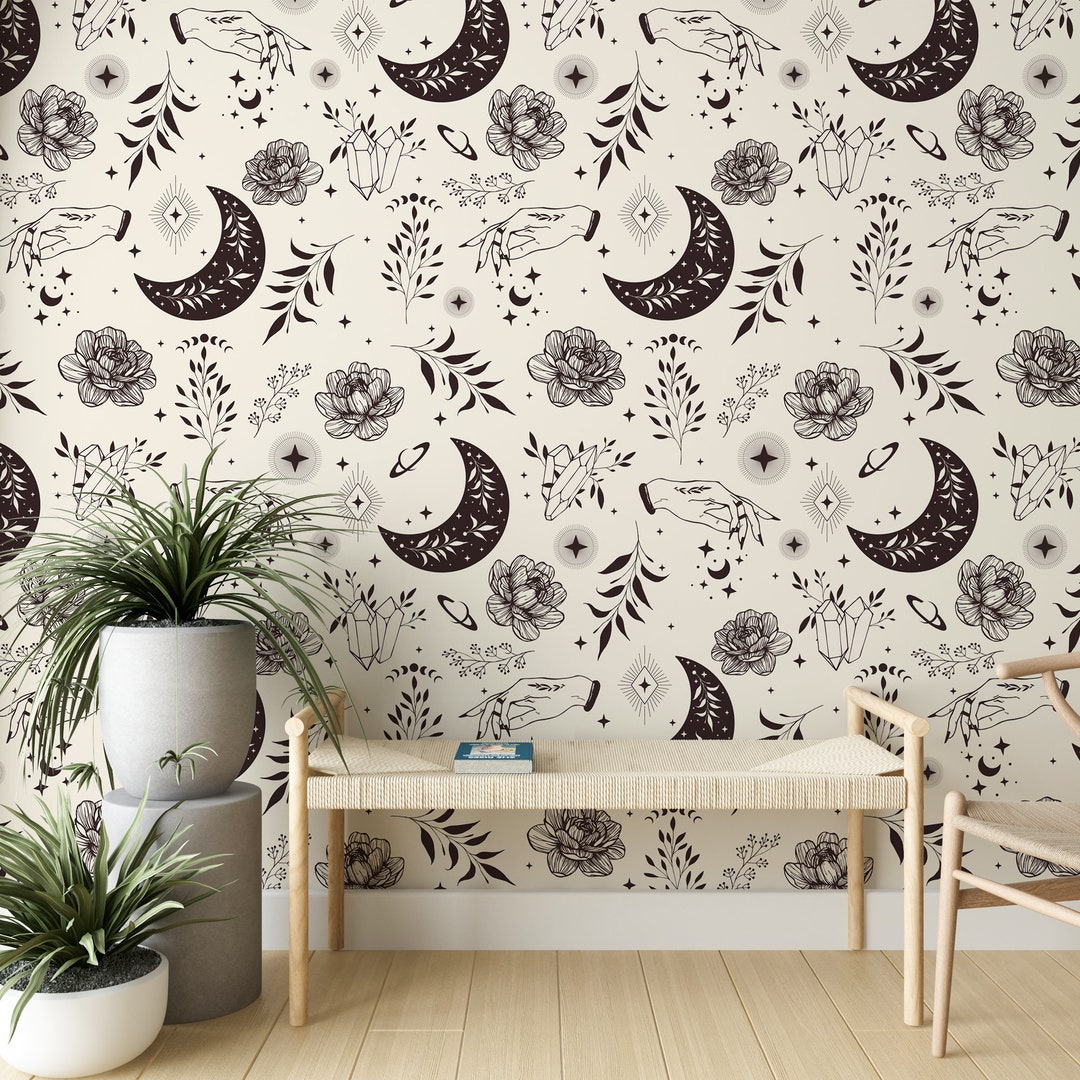 Light Boho Wallpaper Moons Leaves, Peel and Stick Wallpaper, Removable ...