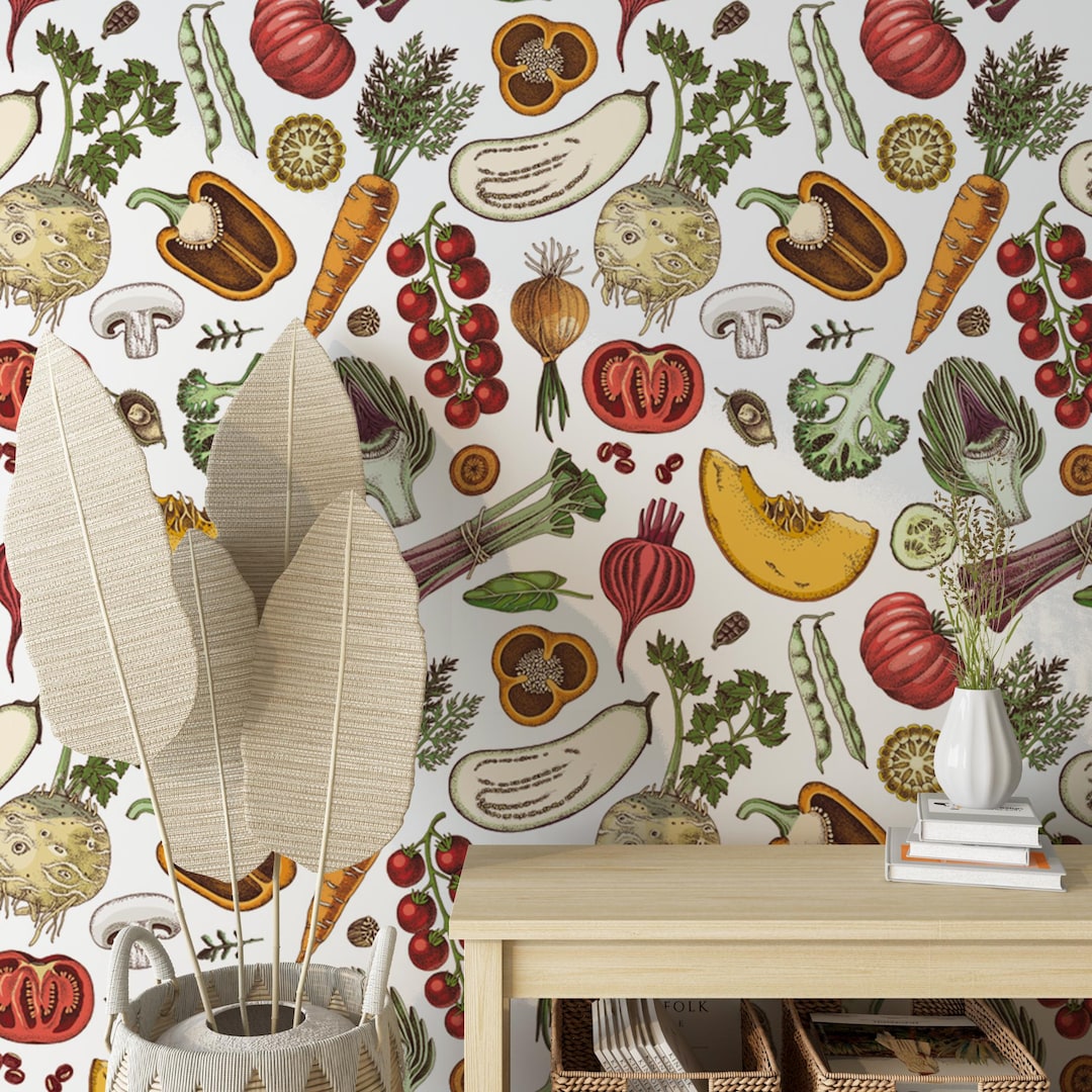 Vintage Botanical Root Vegetable Wallpaper, Rustic Farmhouse Peel and ...