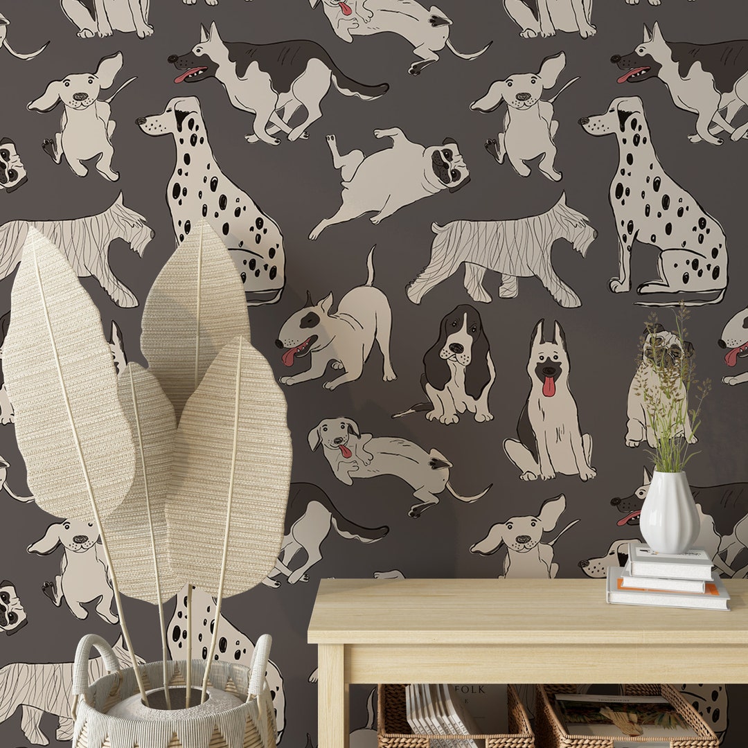 Hand Drawing Dogs Wall Mural, Cute Animals Wallpaper Peel and Stick ...