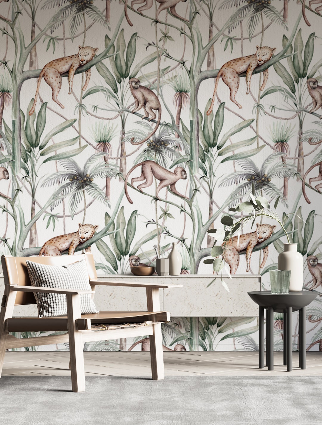 Tiger Monkey Wallpaper | Peel and Stick Removable Tropical Mural | Self ...