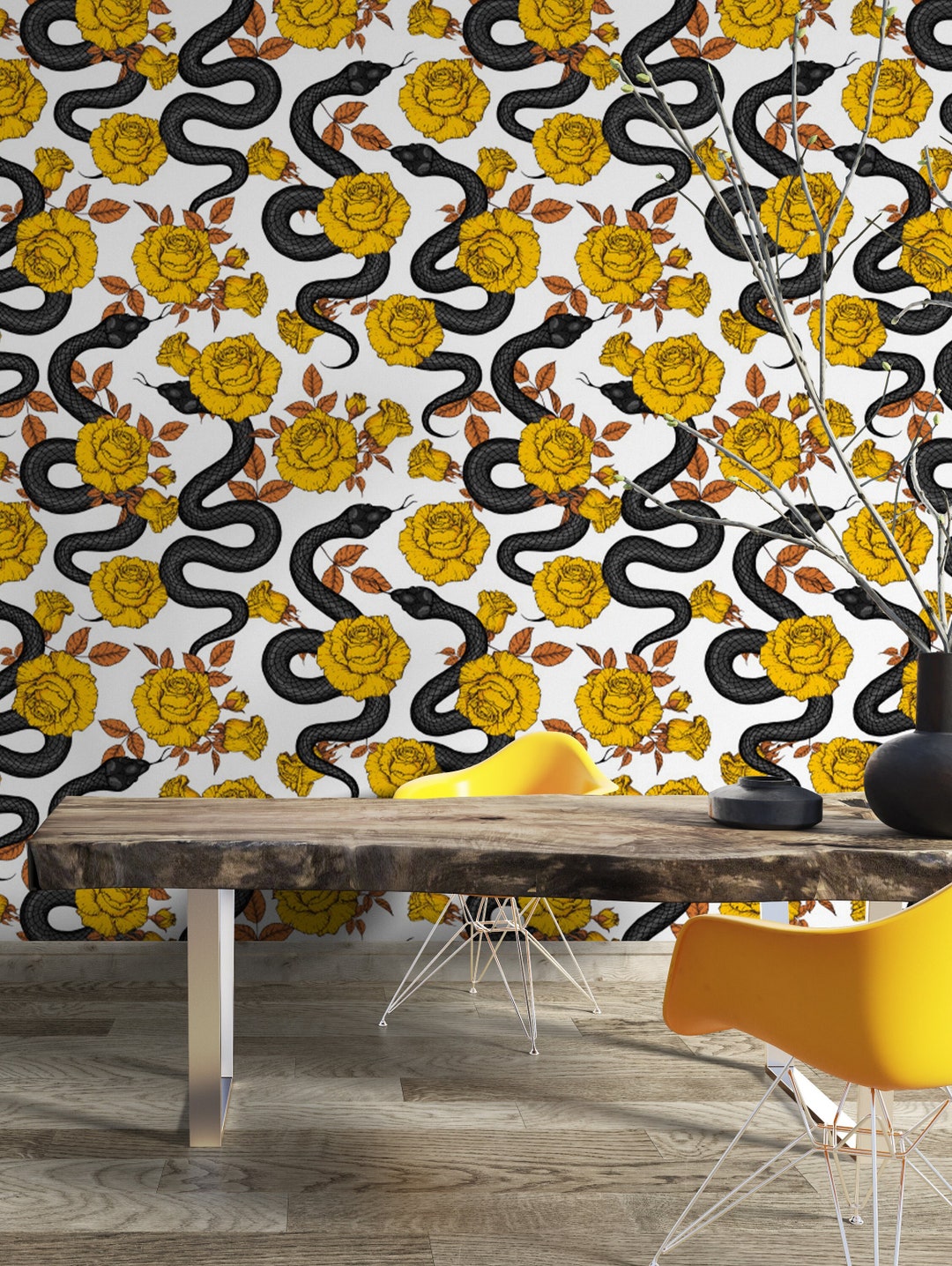 Black Snake and Rose Wallpaper - Removable Self Adhesive Peel & Stick ...