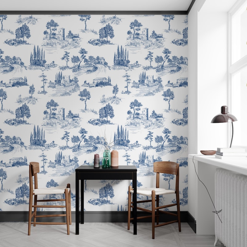 Blue Toile Wallpaper - Etsy