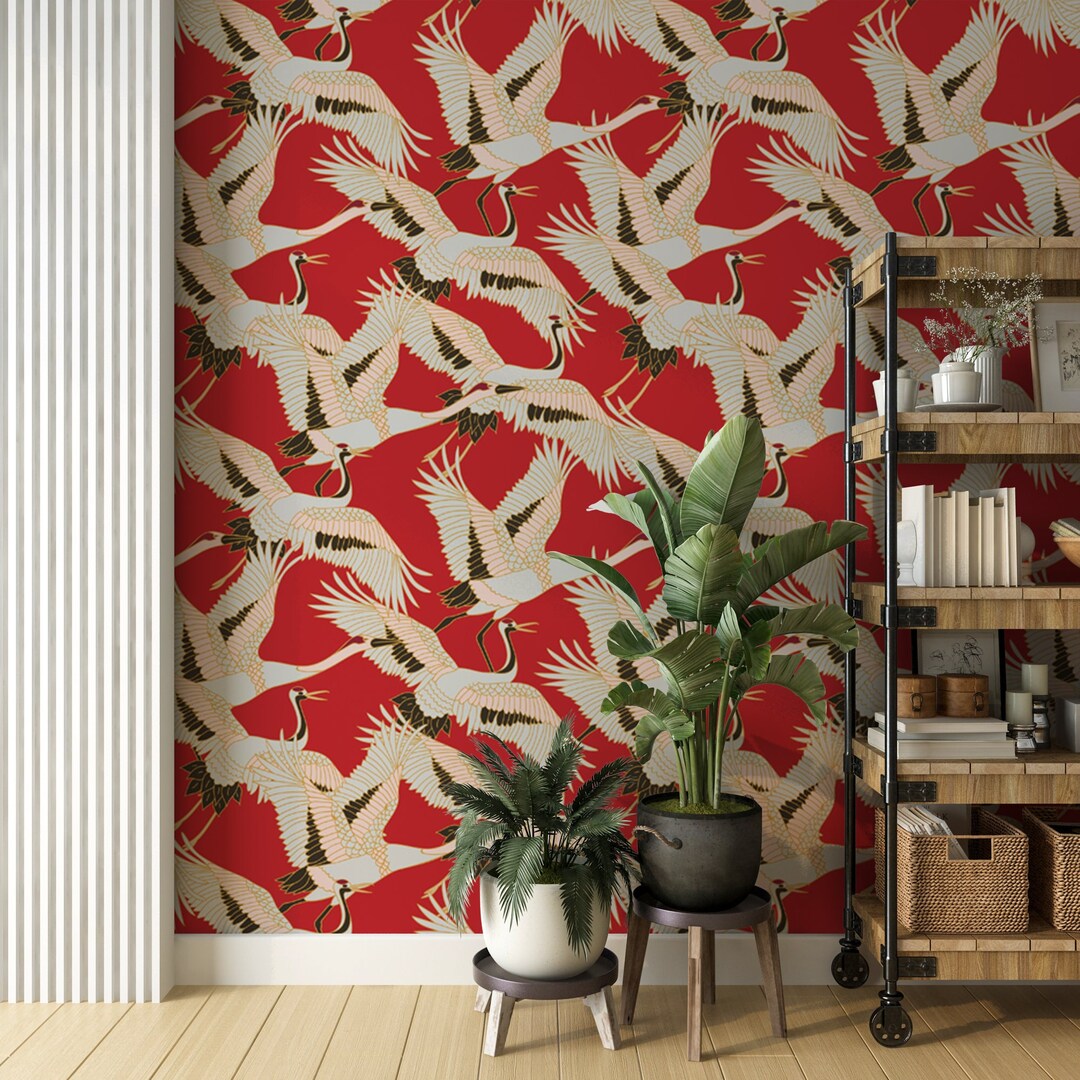 Japanese Storks Wallpaper, Vintage Crane Decor Wallpaper, Japanese ...