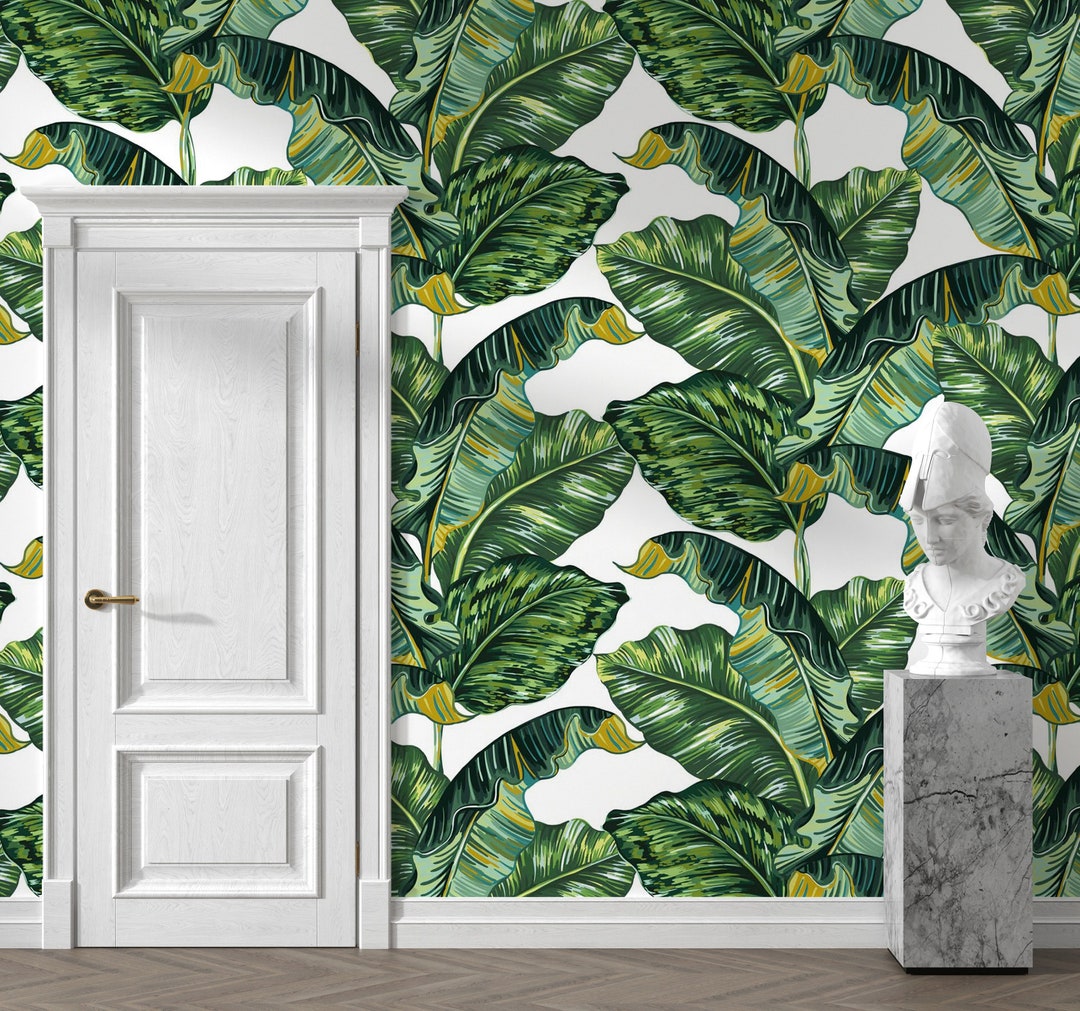 Wallpaper Big Palm Leaves Watercolor - Banana Leaves Green - Wall Mural ...