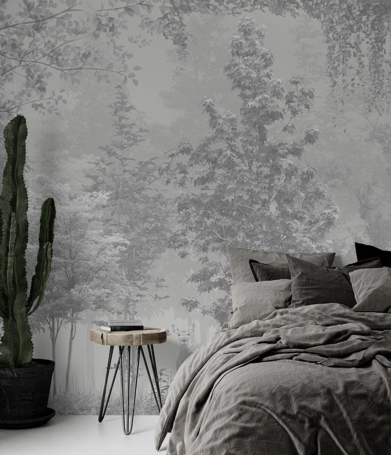 Gray Trees Forest Wallpaper Black and White Forest Wallpaper - Etsy