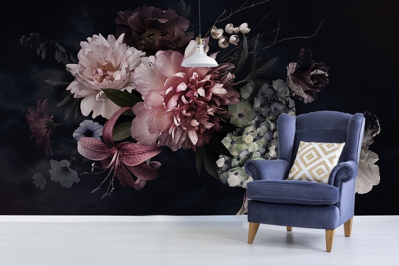 Dutch Wallpaper Large Bouquet Wallpaper Mural Dark Floral - Etsy