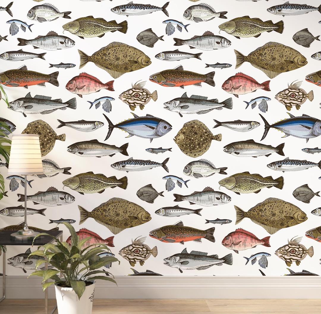 Fish Wallpaper Peel and Stick, Vintage Fish Wall Mural, Ocean Fish ...