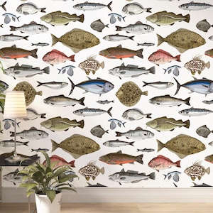 Fish Wallpaper Peel and Stick, Vintage Fish Wall Mural, Ocean Fish ...