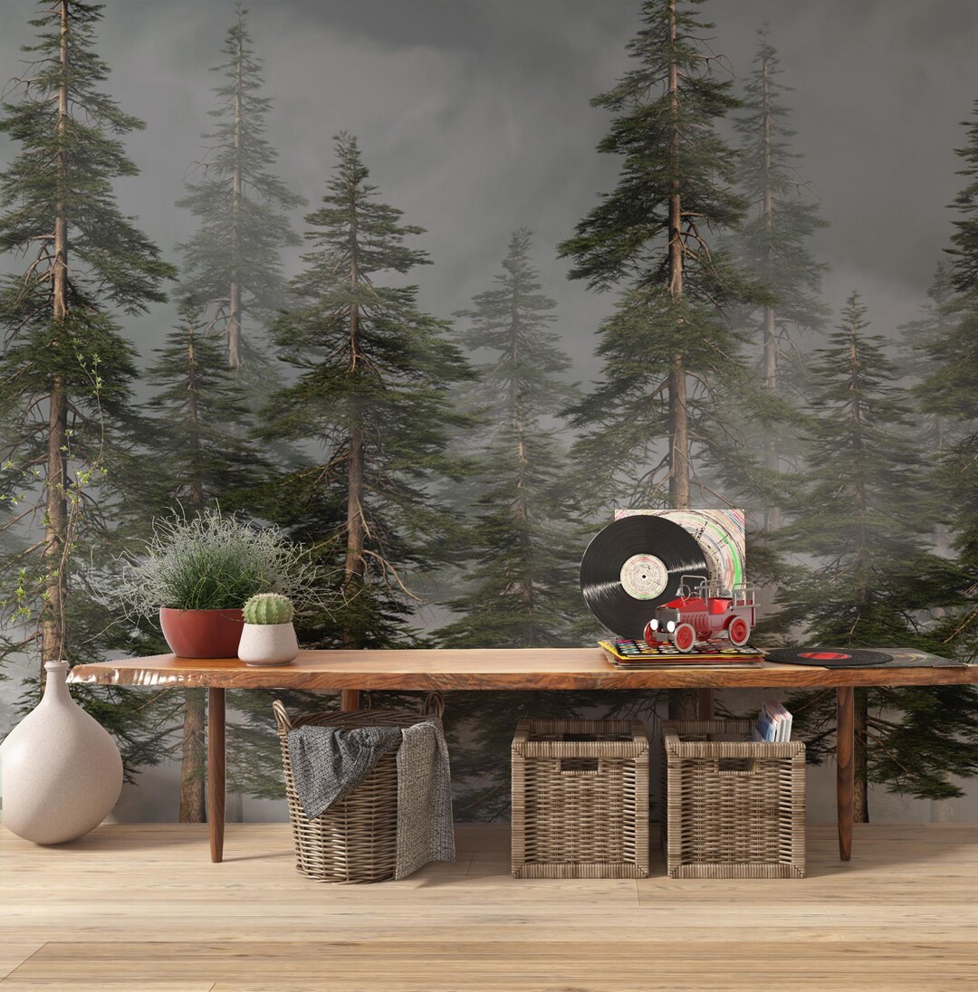 Misty Pine Tree Forest Landscape Wallpaper, Green and Gray Removable ...