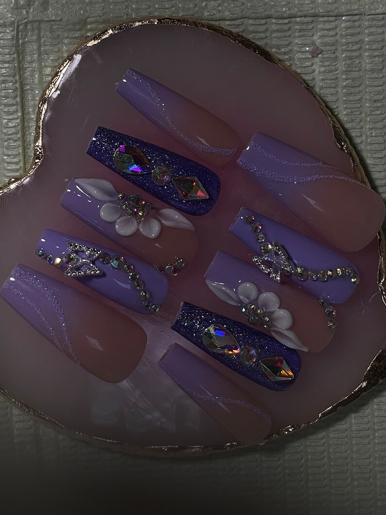 Purple Prom Nails Long Coffin Press On. 3D Flower, Ombre, Glitter ...