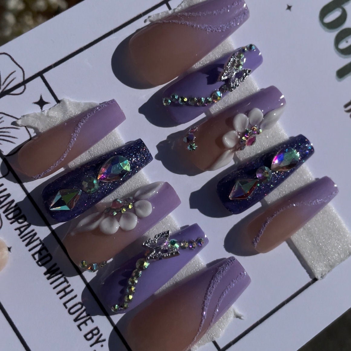 Purple Prom Nails Long Coffin Press On. 3D Flower, Ombre, Glitter ...