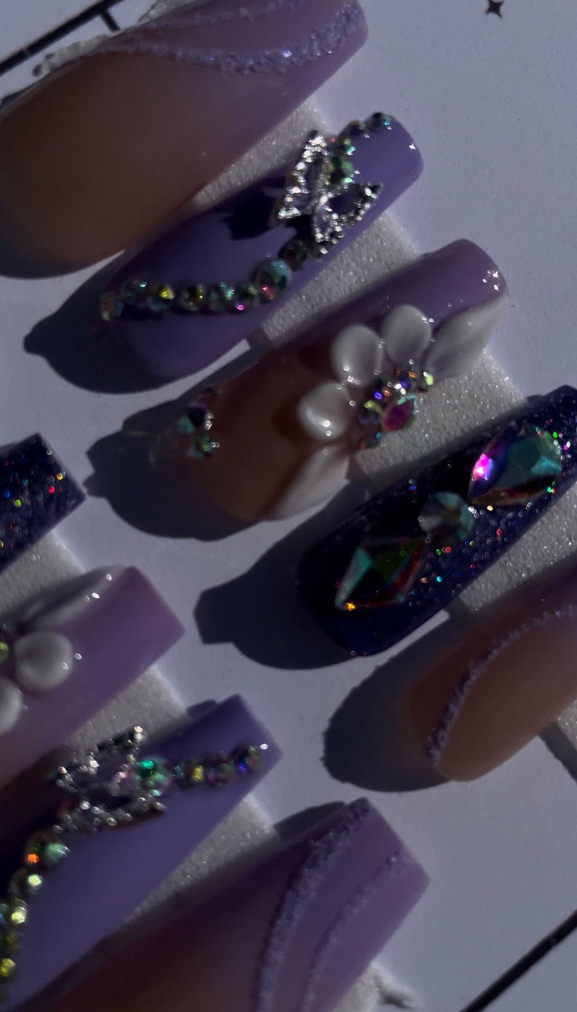 Purple Prom Nails Long Coffin Press On. 3D Flower, Ombre, Glitter ...