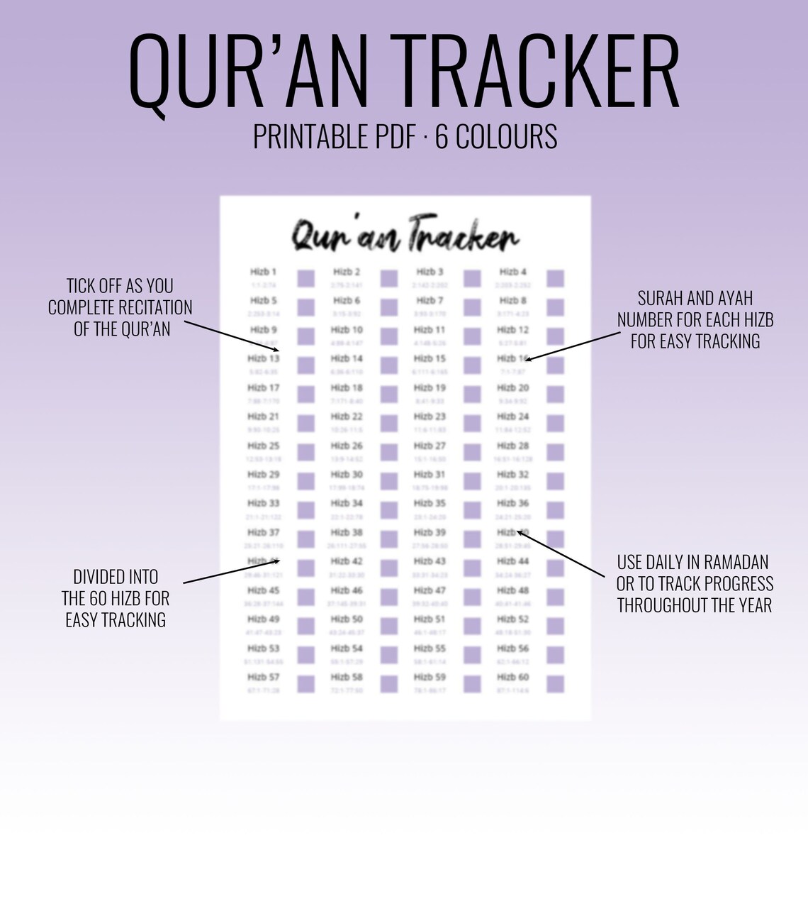 Quran Tracker Printable 6 Colors A4 Portrait Digital Download Quran ...