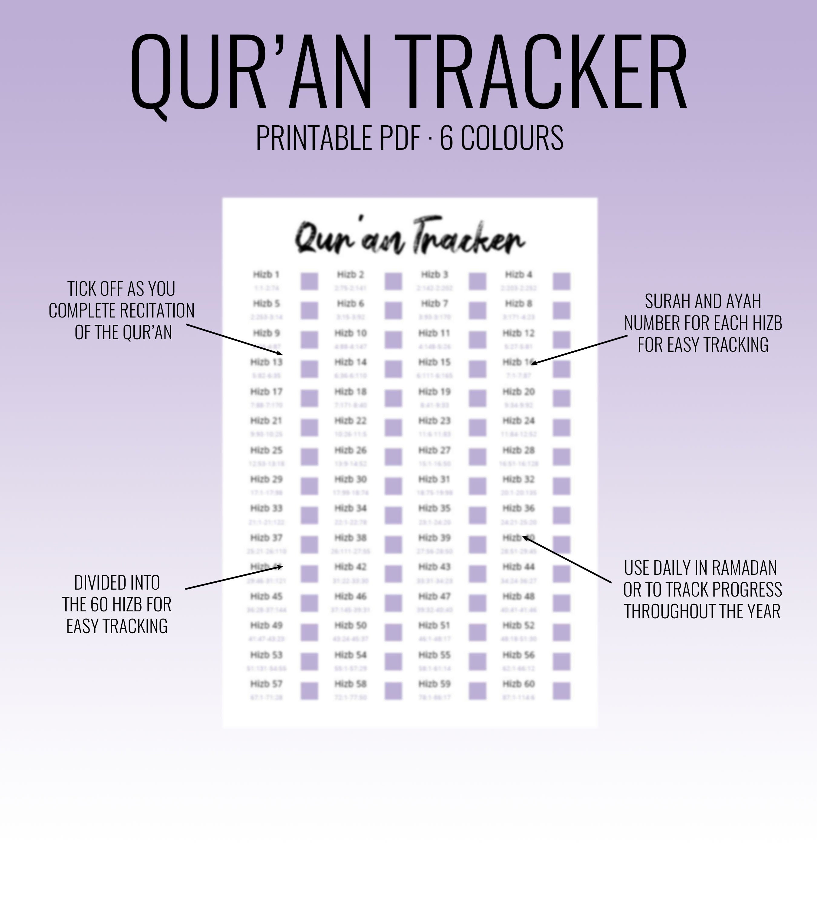 Quran Tracker Printable 6 Colors A4 Portrait Digital Download Quran ...