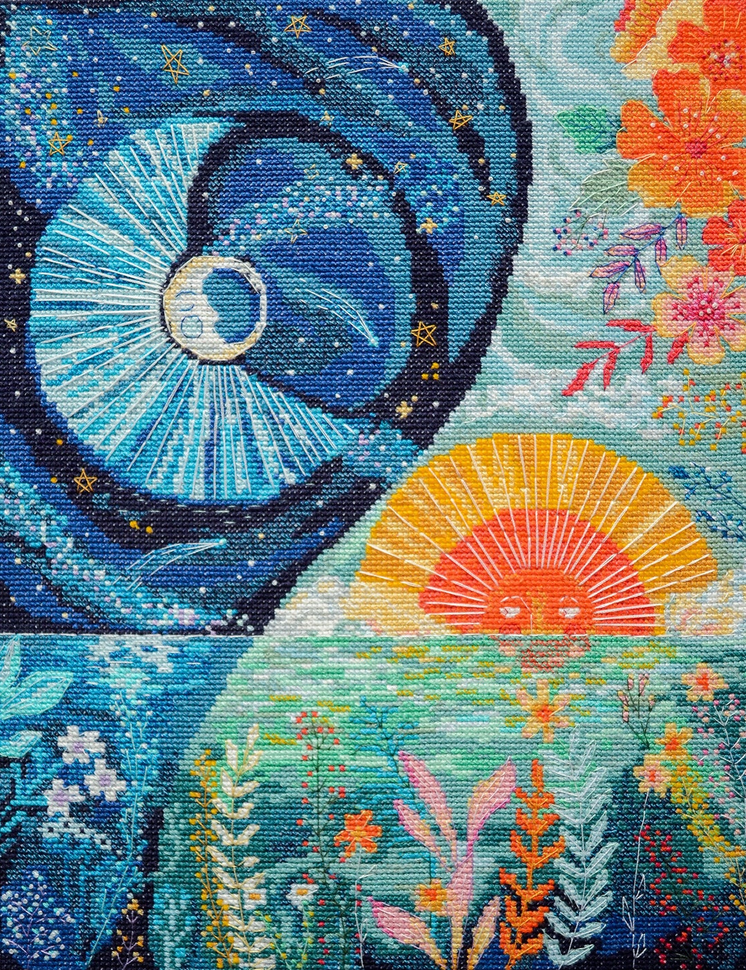 DIY Cross Stitch Kit on Canvas Sun and Moon, GIFT. Size: 10.613.4 27x34 ...