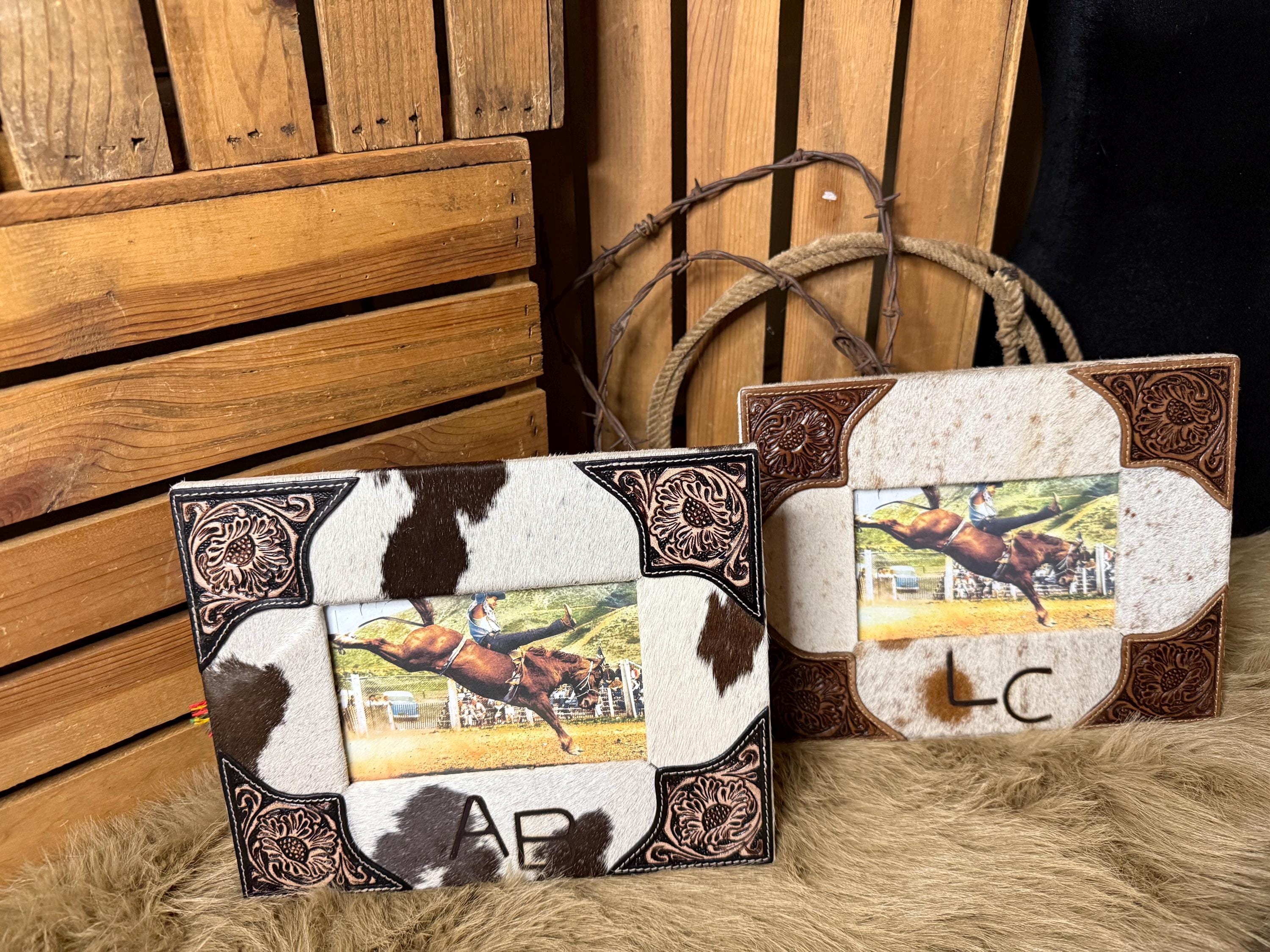 Cowhide and Tooled Leather Photo Frame: Western Picture Frame With ...