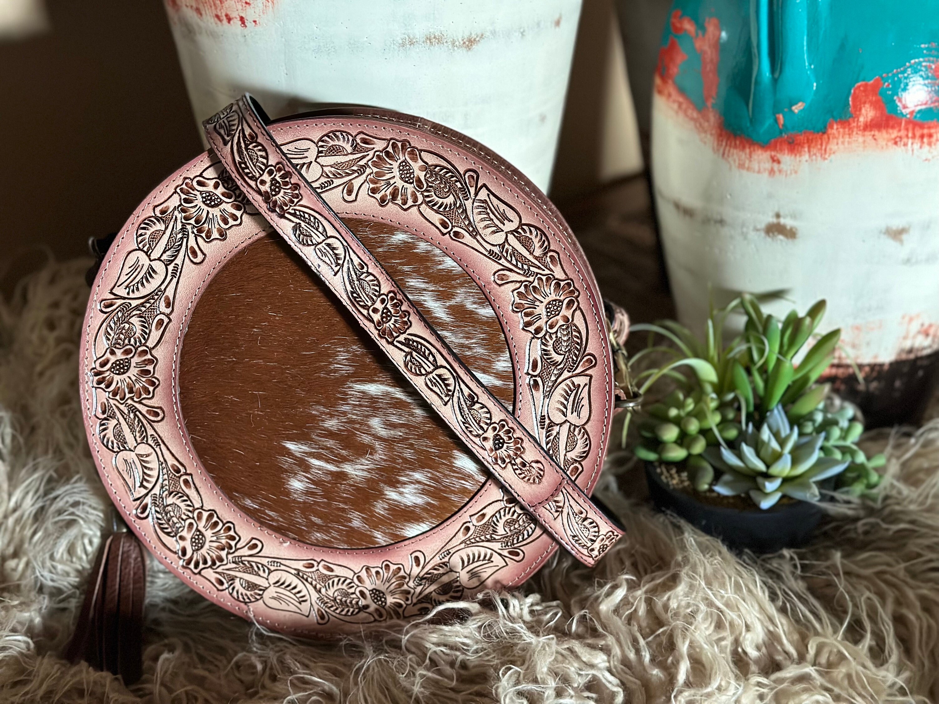 Custom Branded Western Cowhide Crossbody Canteen Bag, Cowhide Round Bag ...