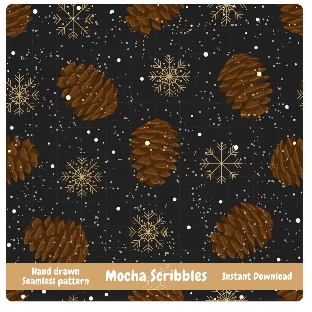 Black Deco Pine Cone Snowflake Pattern | Winter Seamless Digital Paper ...