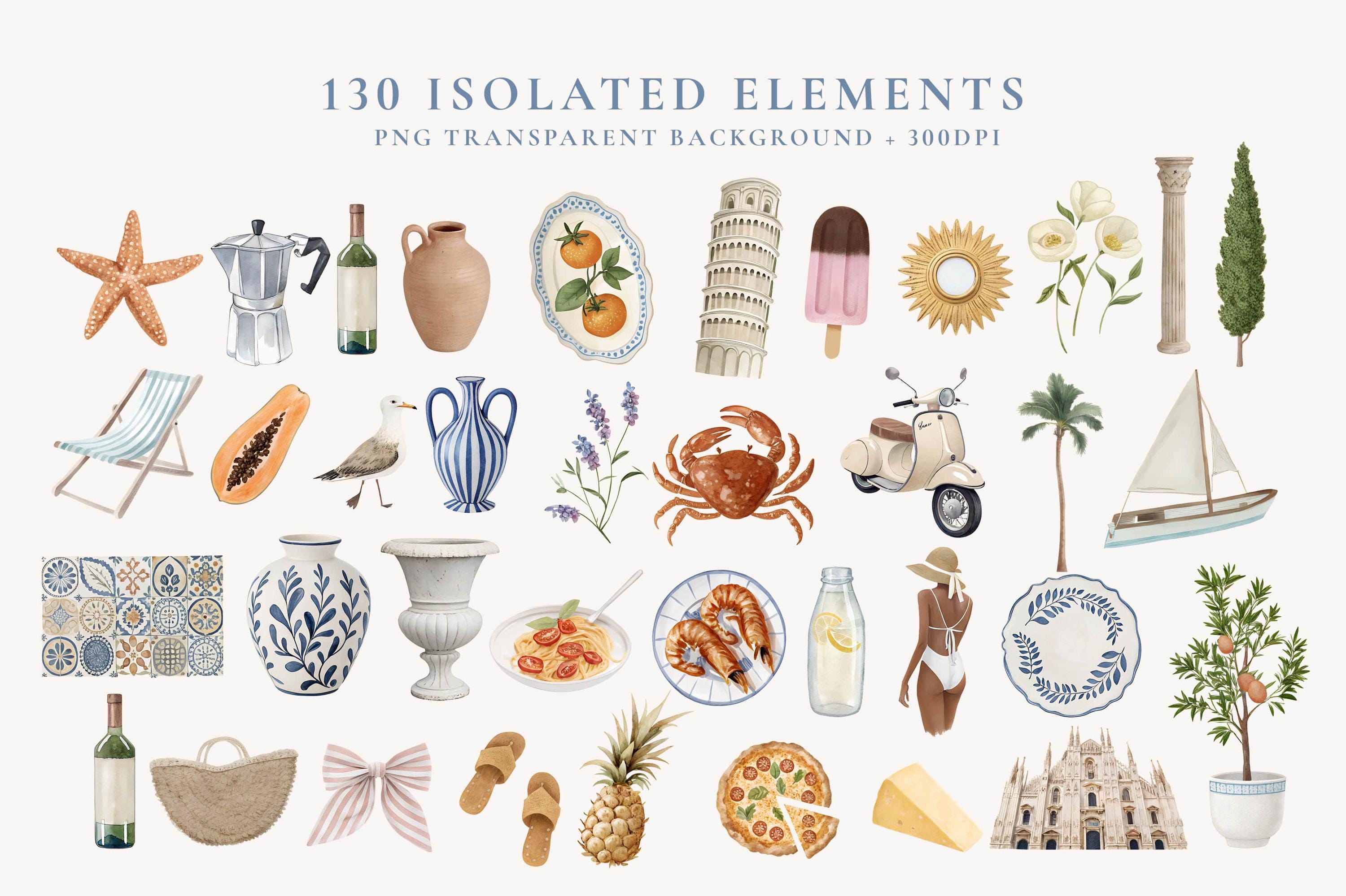 Mediterranean Summer Clipart Art Collection, Coastal Italian Summer ...