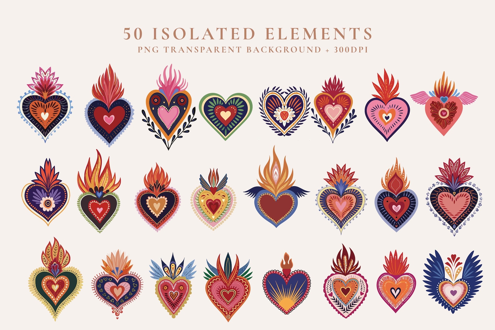 Mexican Sacred Hearts, Colourful Boho Folk Style Clip Art, Mexico ...