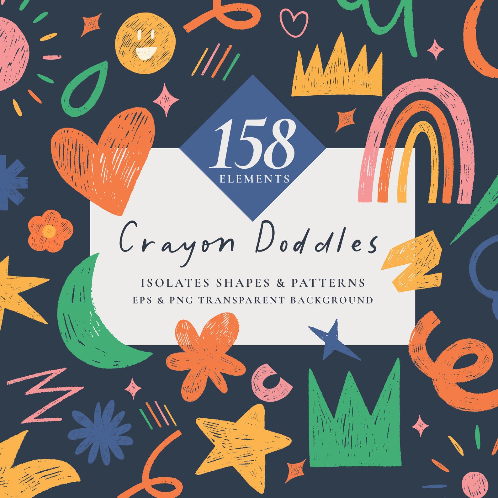 Crayon Doodle Clipart: Rainbow Illustrations & Patterns (158 Elements ...